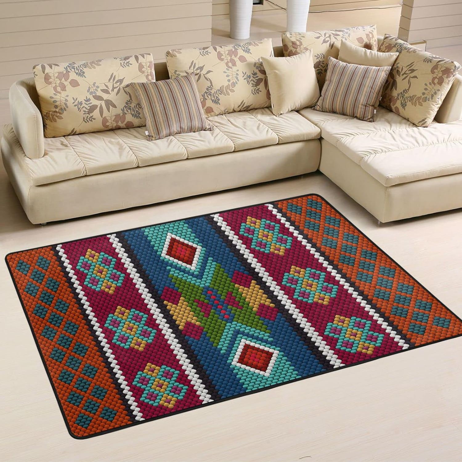 SKYSONIC 72x48in Embroidery Colorful Theme Area Rug, Non-Slip Floor ...