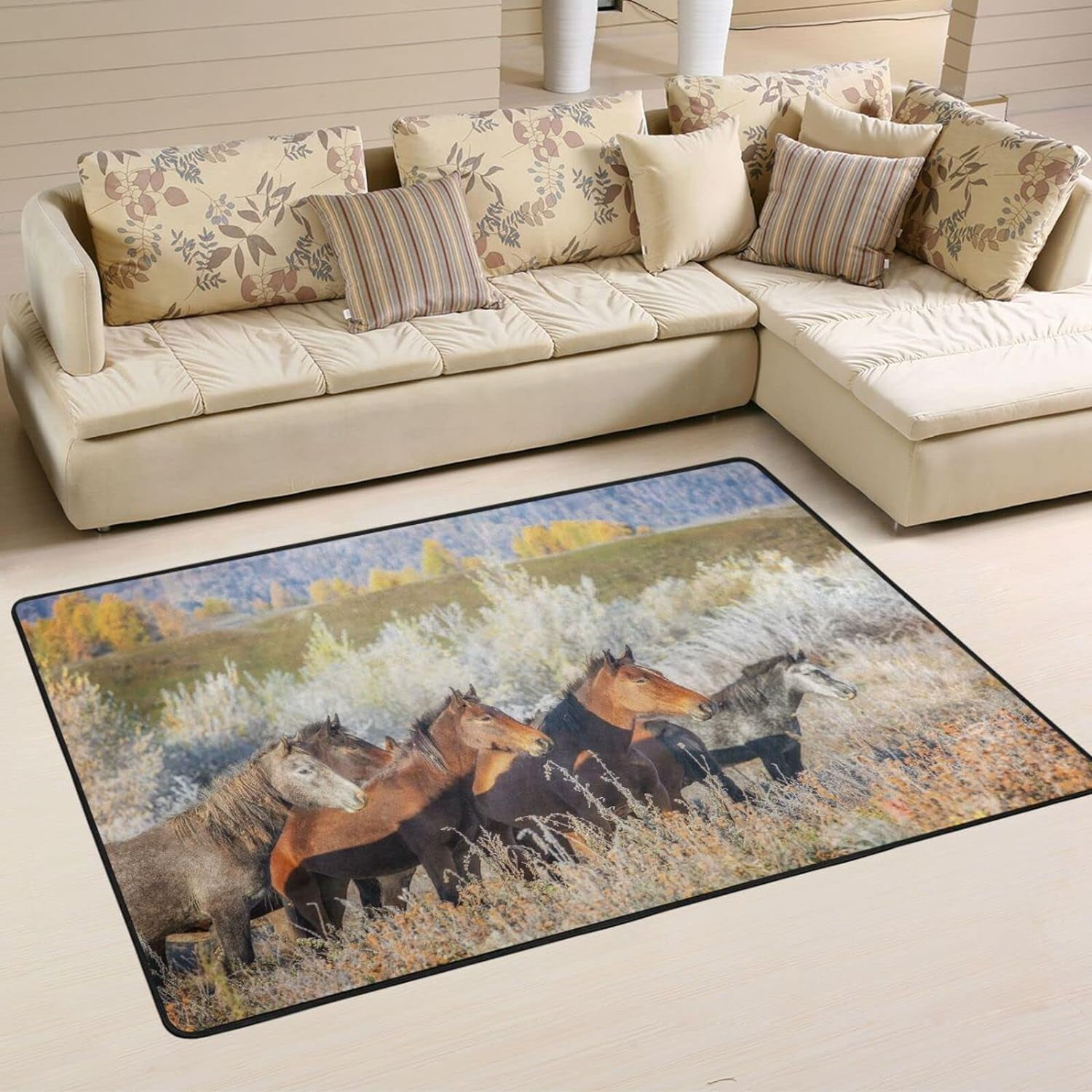 SKYSONIC 72x48in Fall Horses Area Rug, Autumn Prairie Non-Slip Floor ...