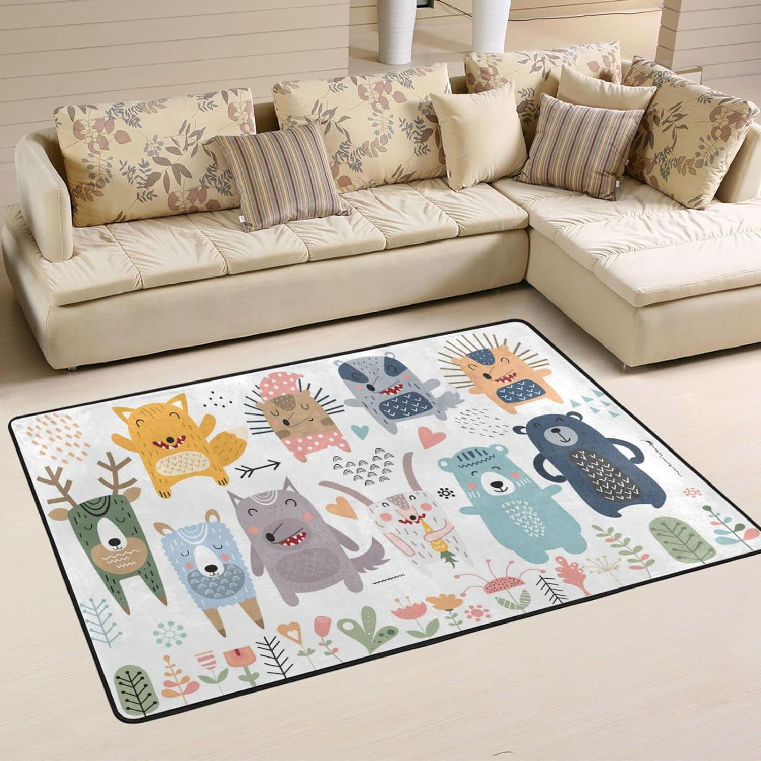 SKYSONIC 72x48in Forest Animals Fall Area Rug, Deer Bear Fox Non-Slip ...