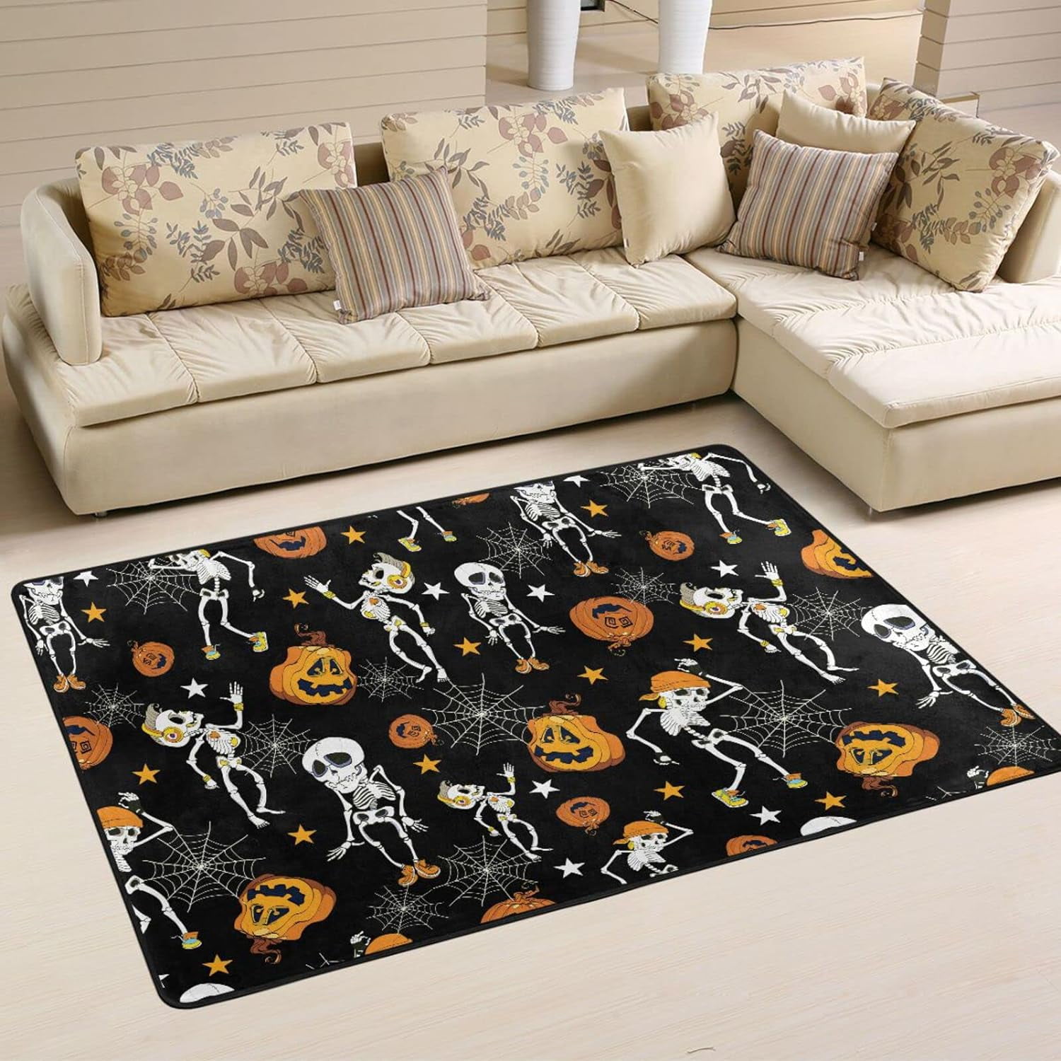 SKYSONIC 72x48in Funny Halloween Skeletons Area Rug, Pumpkins Spider ...