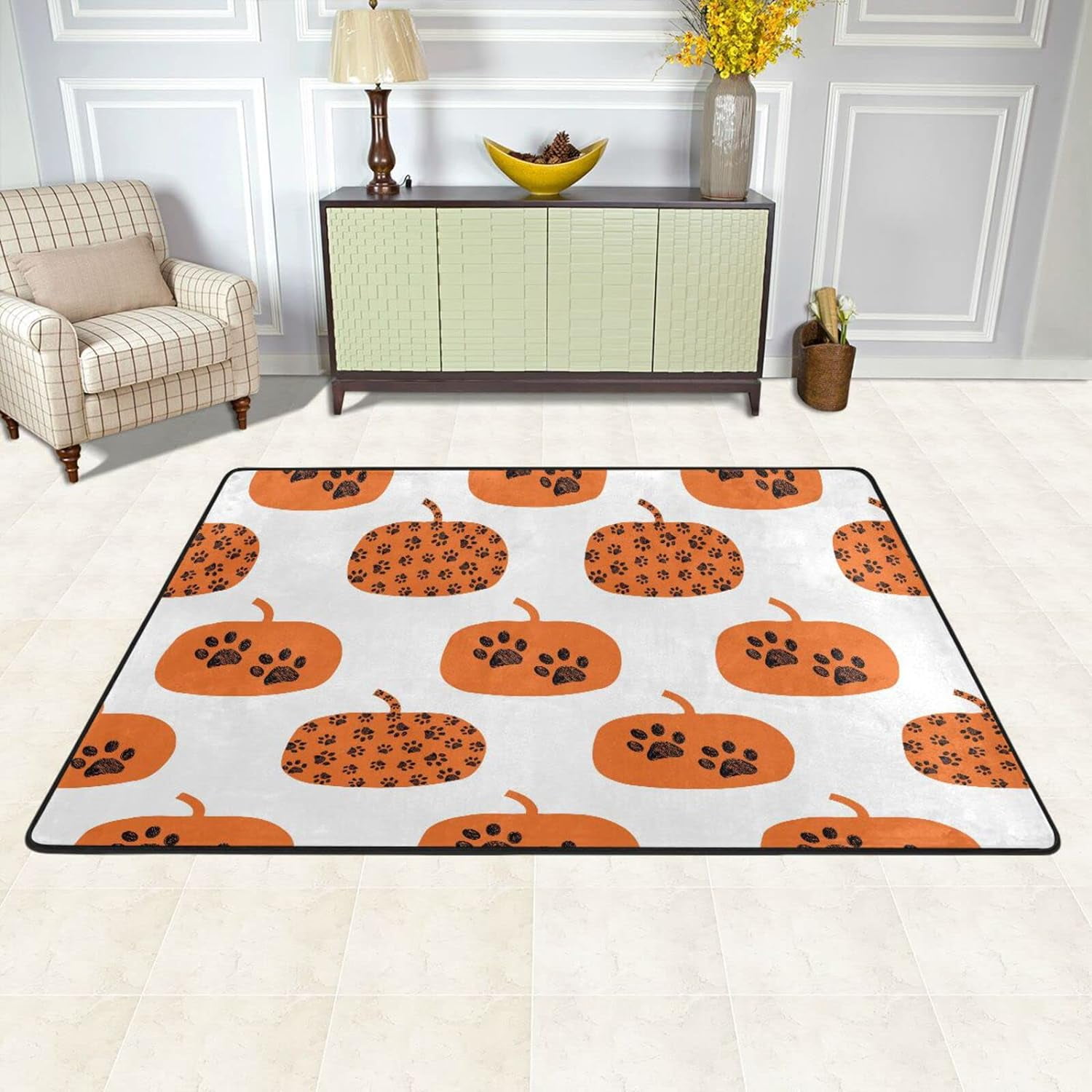 SKYSONIC 72x48in Pumpkins Paw Prints Area Rug, Fall Harvest Non-Slip ...