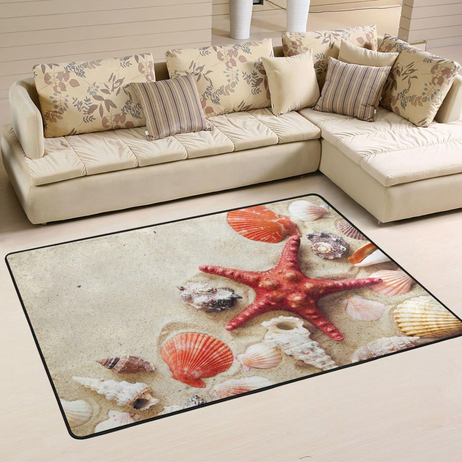 SKYSONIC 72x48in Sea Shells Sand Summer Area Rug, Non-Slip Floor Carpet ...