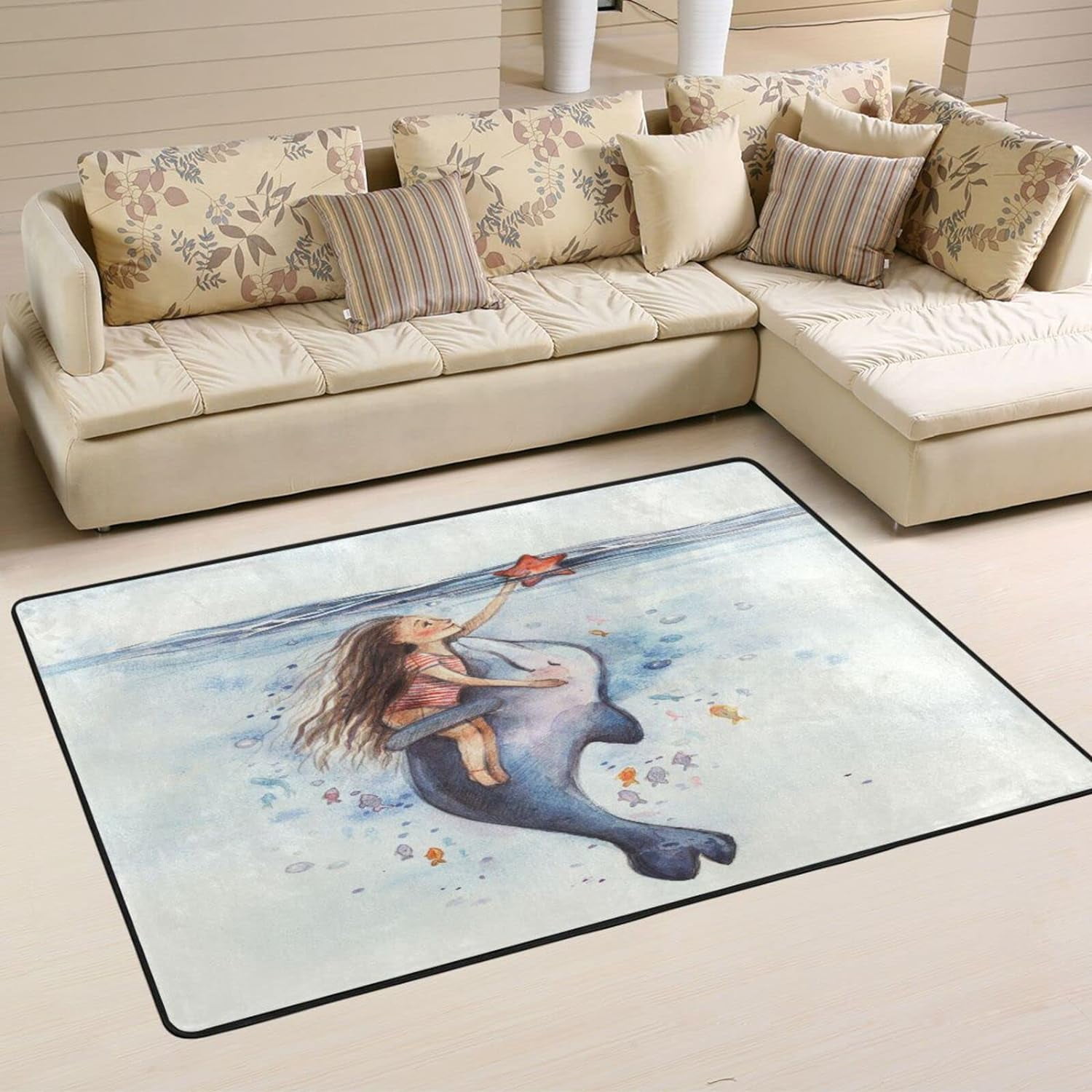 SKYSONIC 72x48in Summer Girl Dolphin Starfish Area Rug, Cute Underwater ...