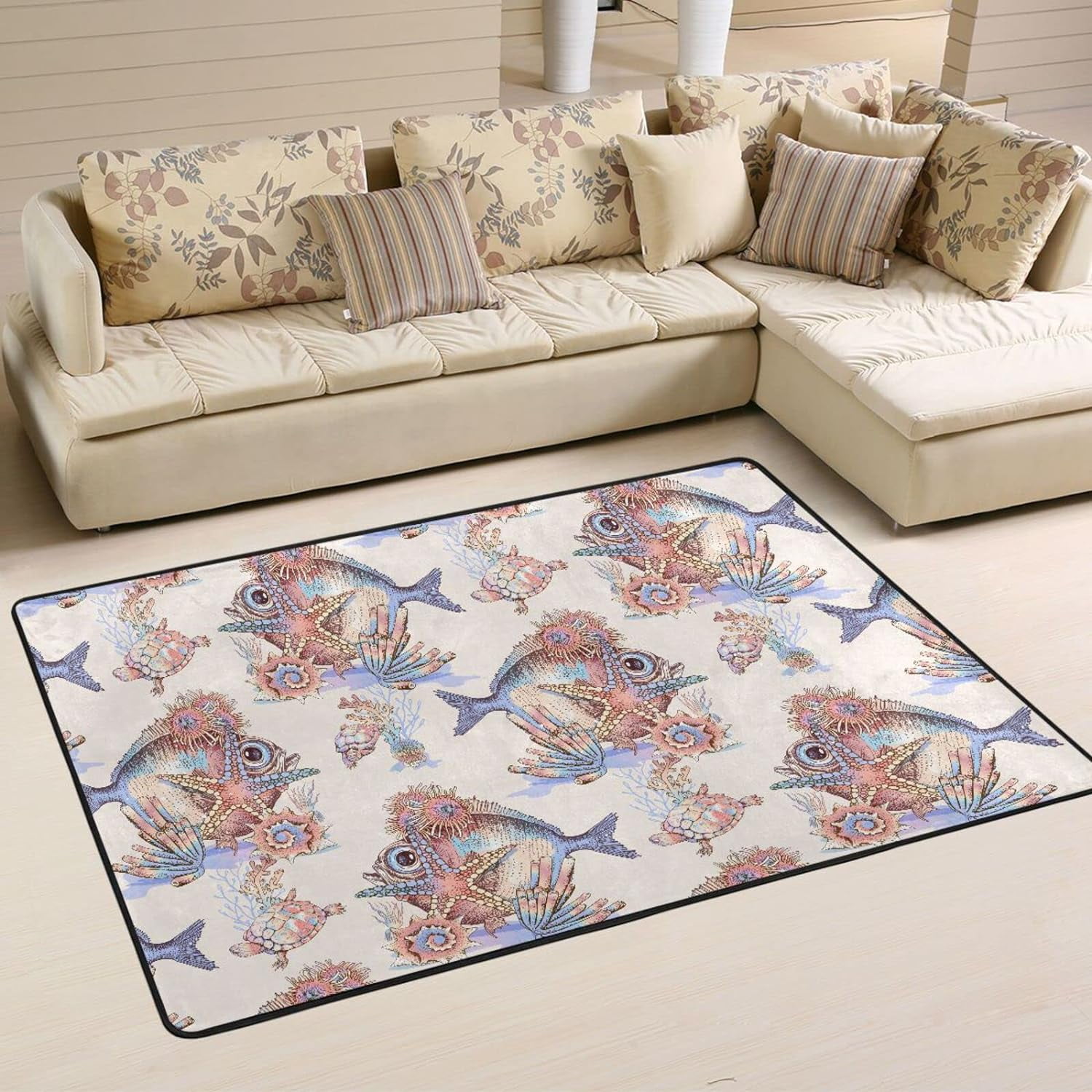 SKYSONIC 72x48in Unique Summer Sea Fish Area Rug, Non-Slip Floor Carpet ...