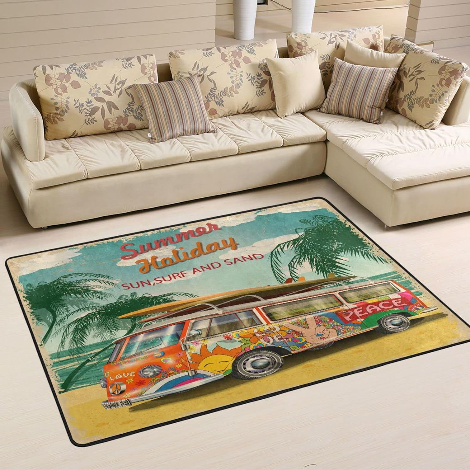 SKYSONIC 72x48in Vintage Summer Beach Area Rug, Retro Bus Palm Tree Non ...