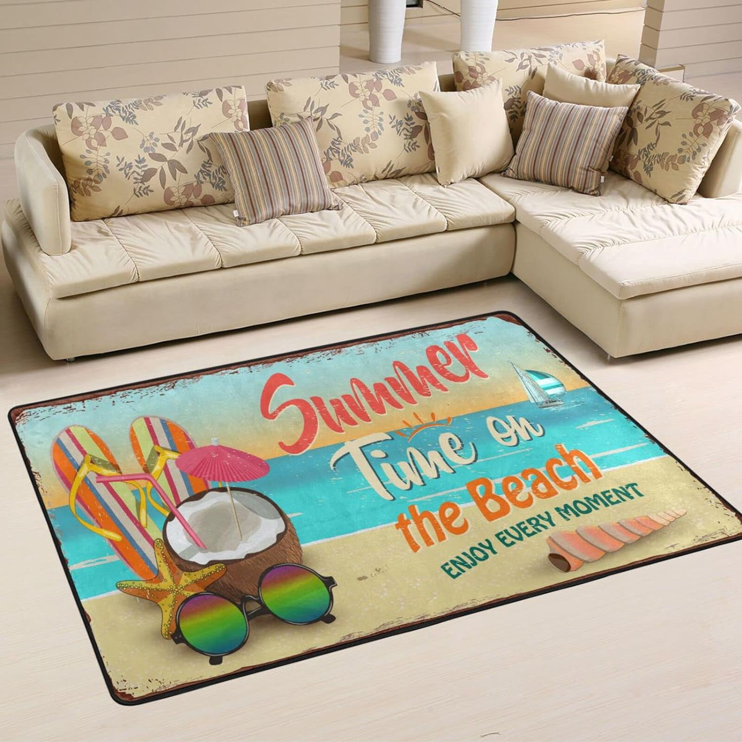 SKYSONIC 72x48in Vintage Summer Flip Flops Area Rug, Non-Slip Floor ...