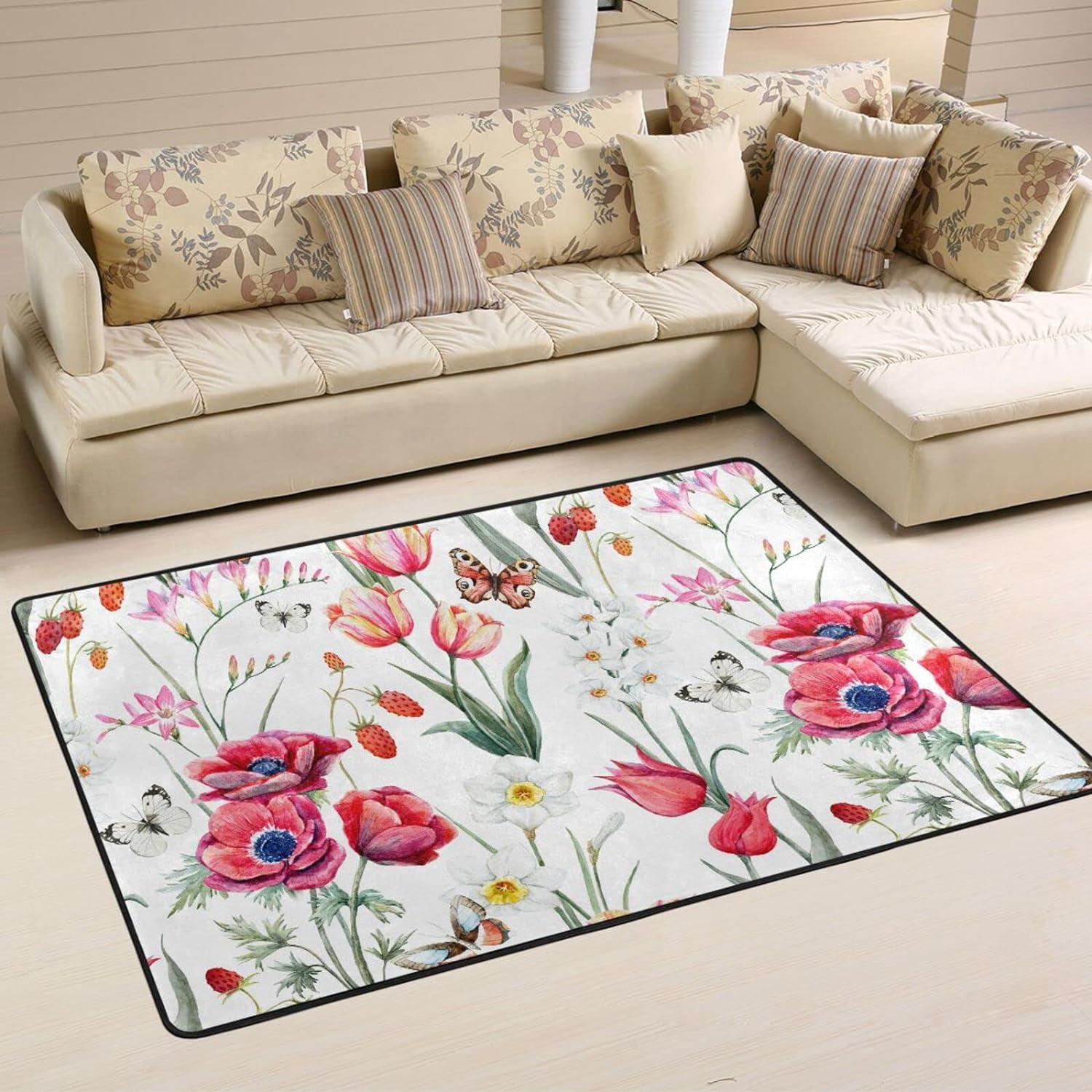 SKYSONIC 72x48in Watercolor Pink Flower Area Rug, Pink Tulip Floral Non ...