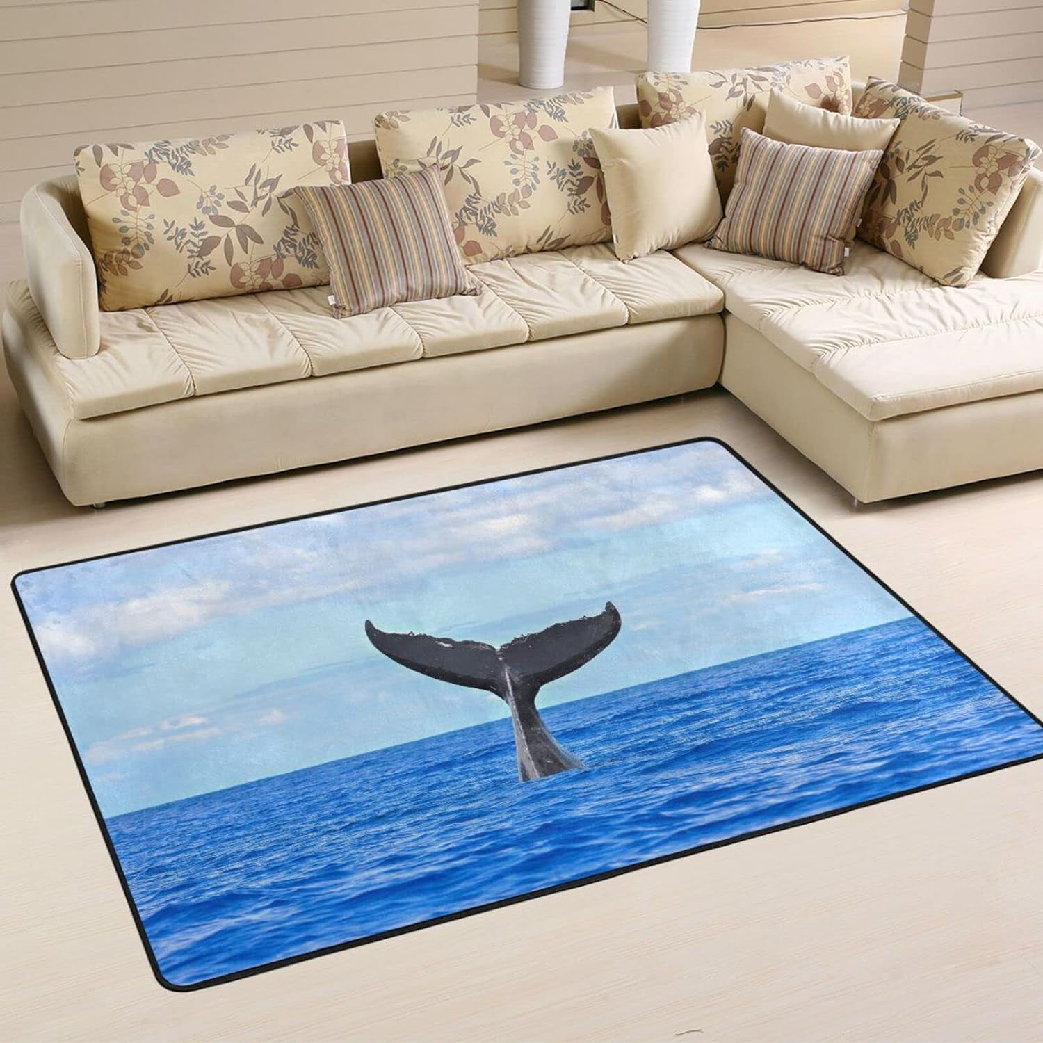 SKYSONIC 72x48in Whale Tail Area Rug, Summer Blue Ocean Non-Slip Floor ...