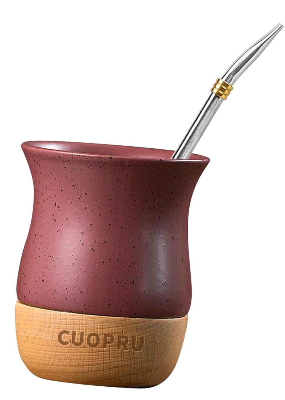 SKYSONIC 8 OZ Ceramic Yerba Mate Cup with Original Wood Base, Includes ...