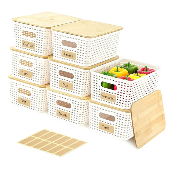 SKYSONIC 8 Pack Plastic Storage Bins with Stackable Storage Baskets ...