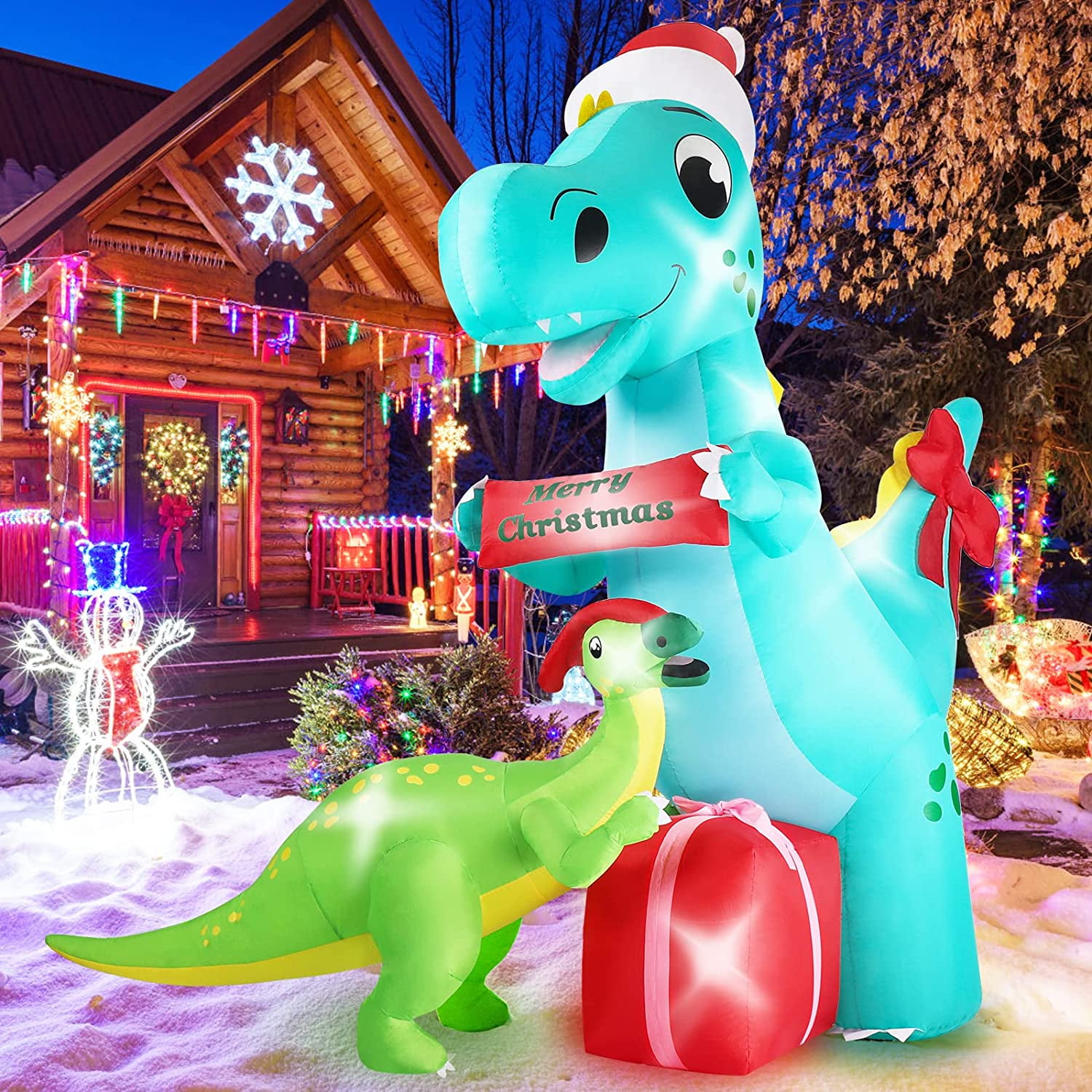 SKYSONIC 8FT Dinosaur Christmas Inflatables Outdoor, Light Up ...