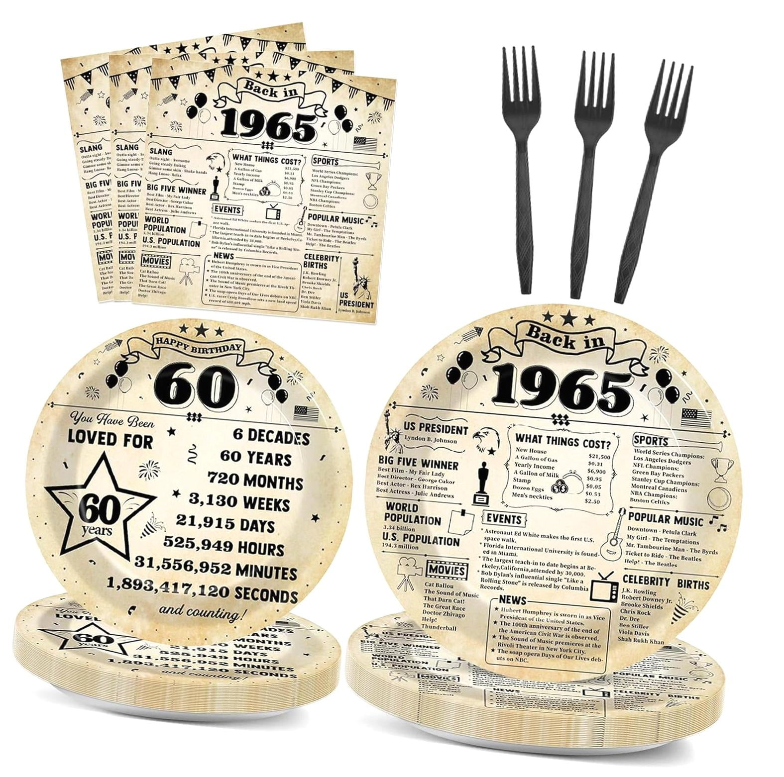 SKYSONIC 96Pcs Back in 1965 Plates and Napkins 60th Birthday Party ...