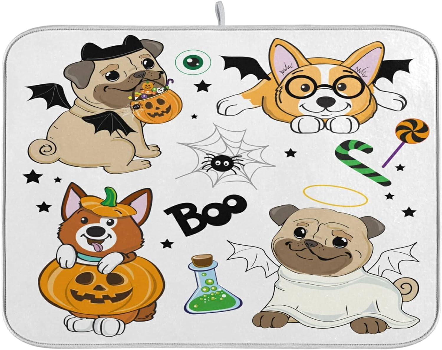 SKYSONIC Absorbent Dish Drying Mat Halloween Set With Pug Dogs In ...