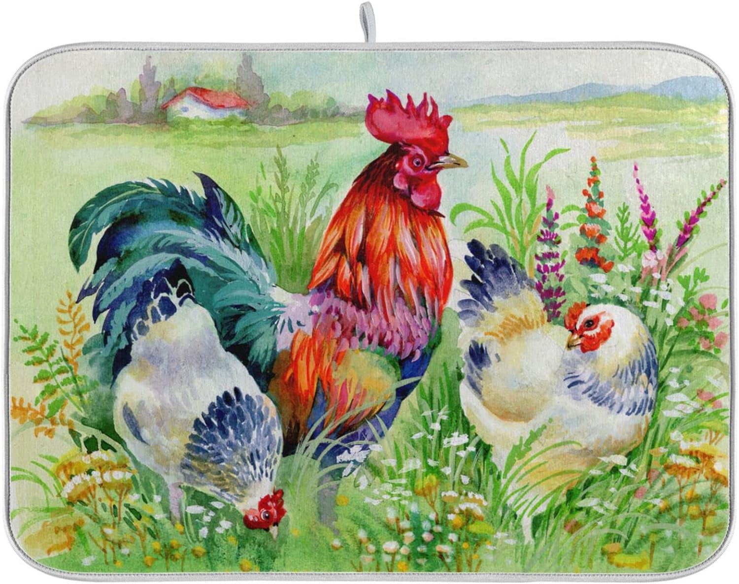 SKYSONIC Absorbent Microfiber Dish Drying Mat Chicken Rooster Grass ...