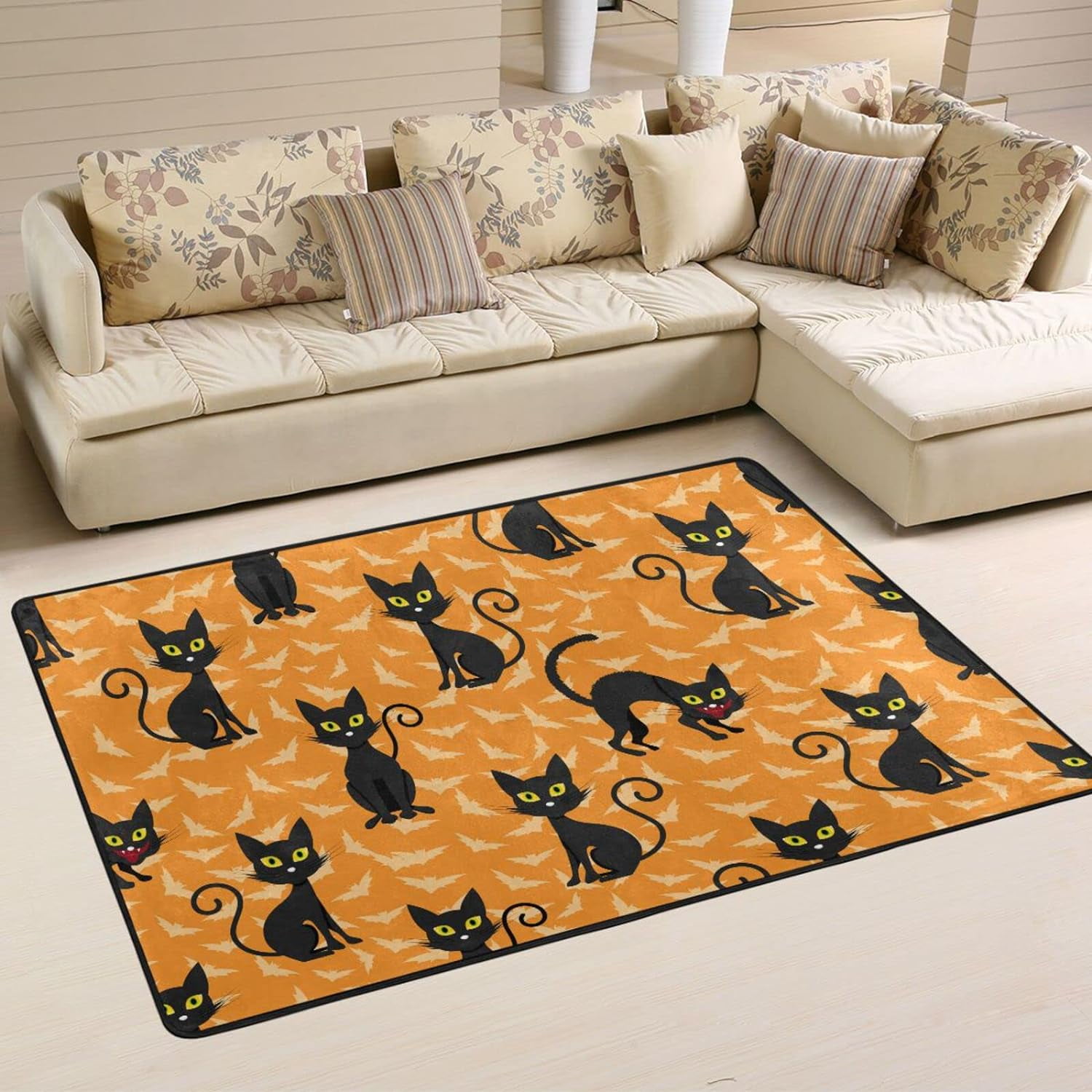 SKYSONIC Abstract Black Cat Bat Non-Slip Area Rug, Cute Halloween Bat ...