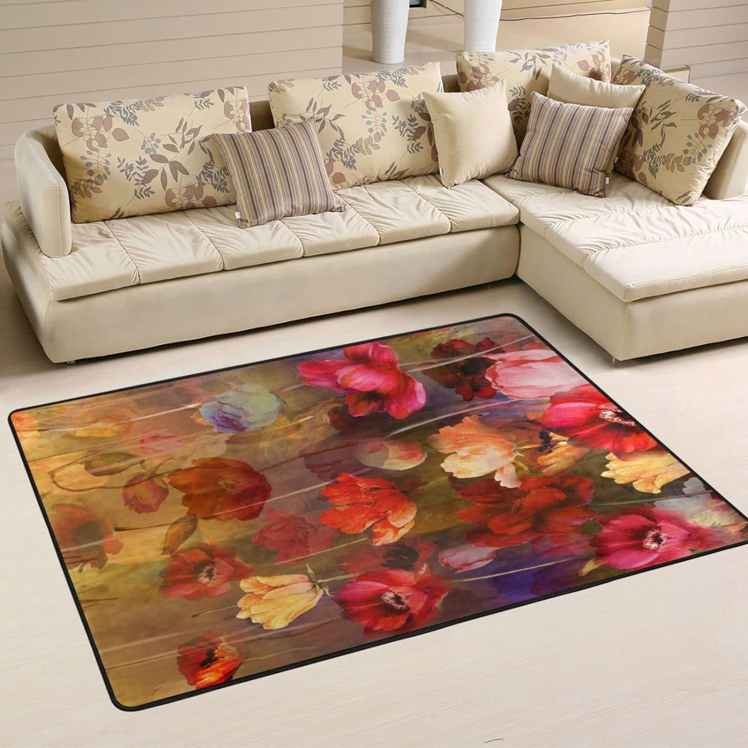 SKYSONIC Abstract Flower Non-Slip Area Rug, Beautiful Artwork Floral ...