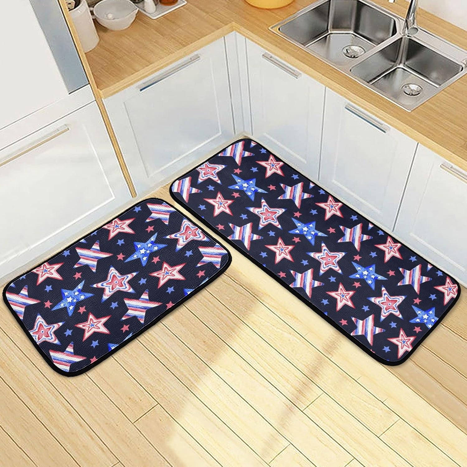 SKYSONIC American Flag Stars Kitchen Rugs Set of 2, 4th July Watercolor ...