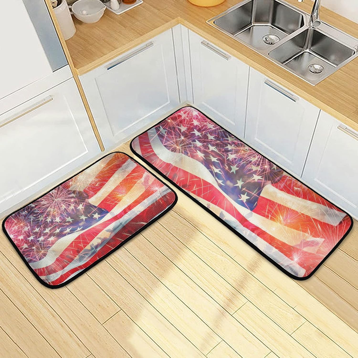 SKYSONIC American USA Flag Firework Kitchen Mats and Rugs 4th of July ...