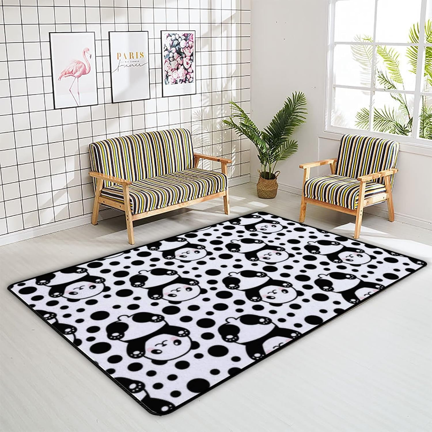 SKYSONIC Area Rug Black White Pandas and Polka Dots Nursery Rug Floor ...