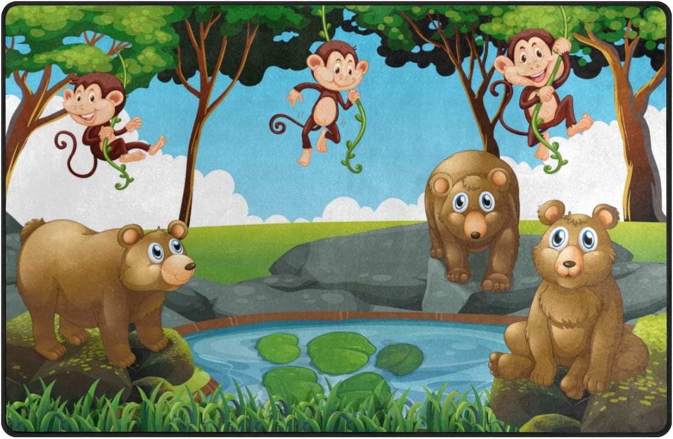 SKYSONIC Area Rug Carpet Bears Monkeys Forest Nursery Rug Floor Mat for ...