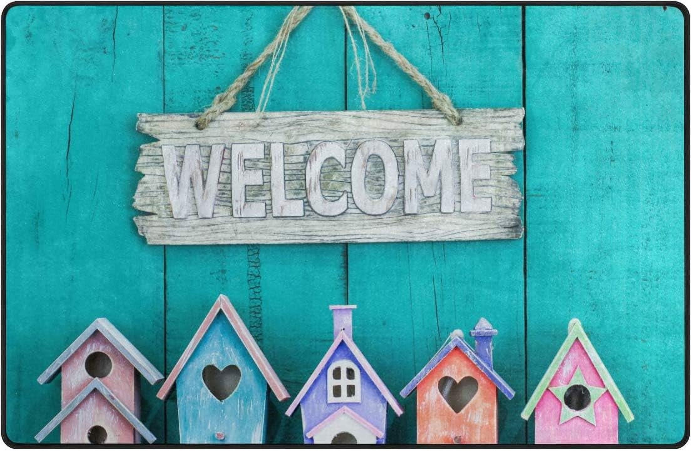 SKYSONIC Area Rug Carpet Wood Welcome Sign and Birdhouses Doormat for ...