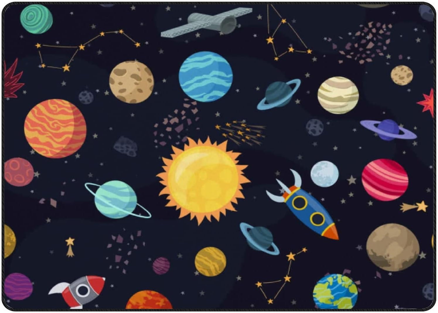 SKYSONIC Area Rug Carton Space with Planets and Spaceships Nursery Rug ...