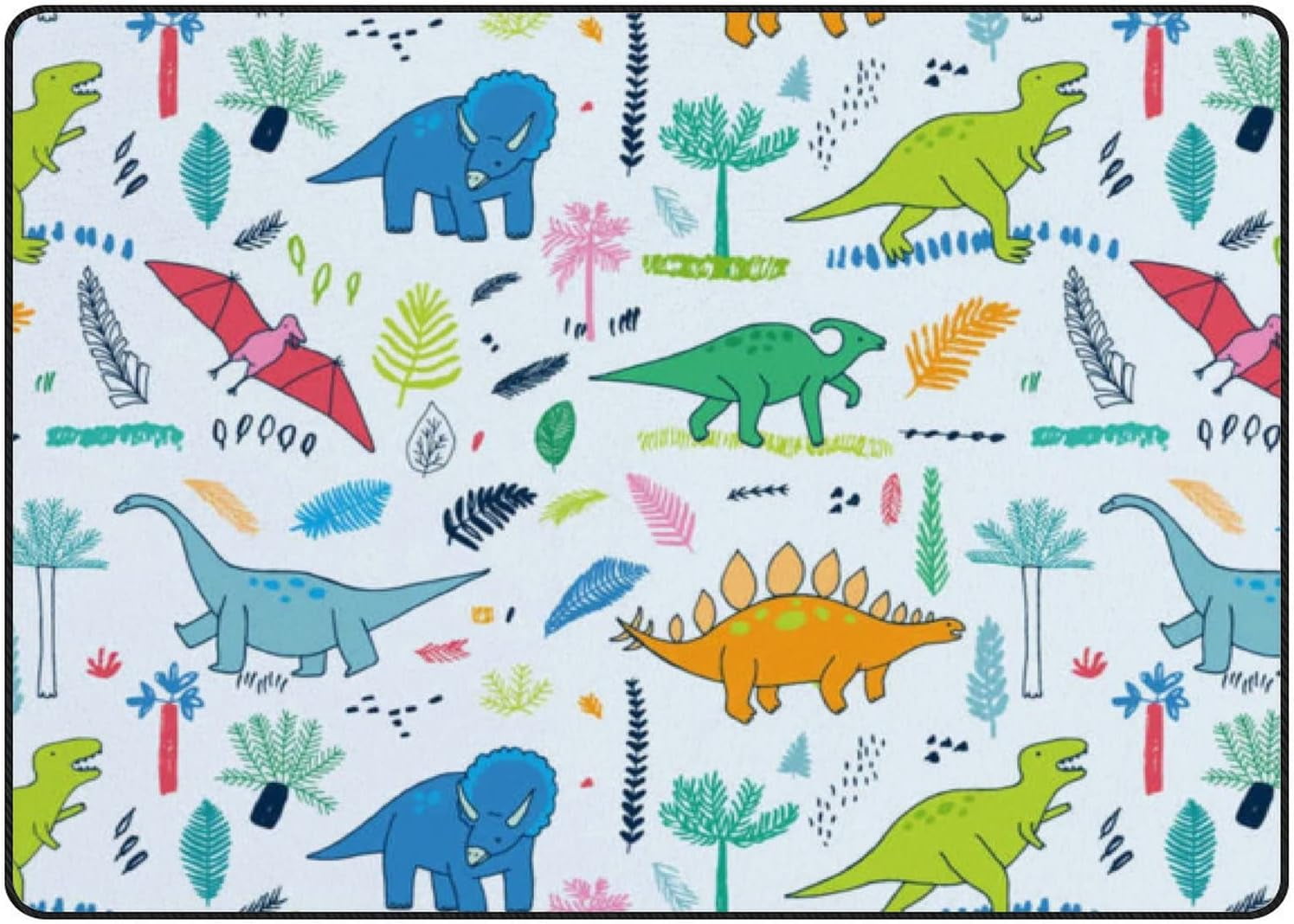 SKYSONIC Area Rug Funny Dinosaurs with Palm Leaves on Blue Nursery Rug ...
