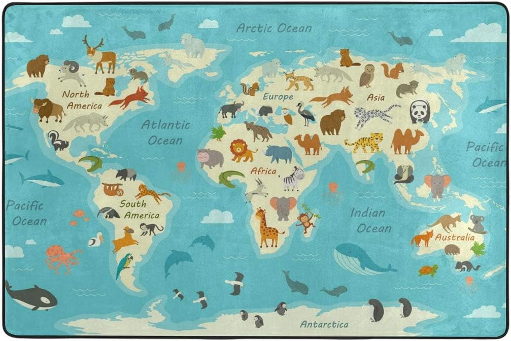 SKYSONIC Area Rug Pad Animals World Map Nursery Rugs Floor Mat for Kids ...