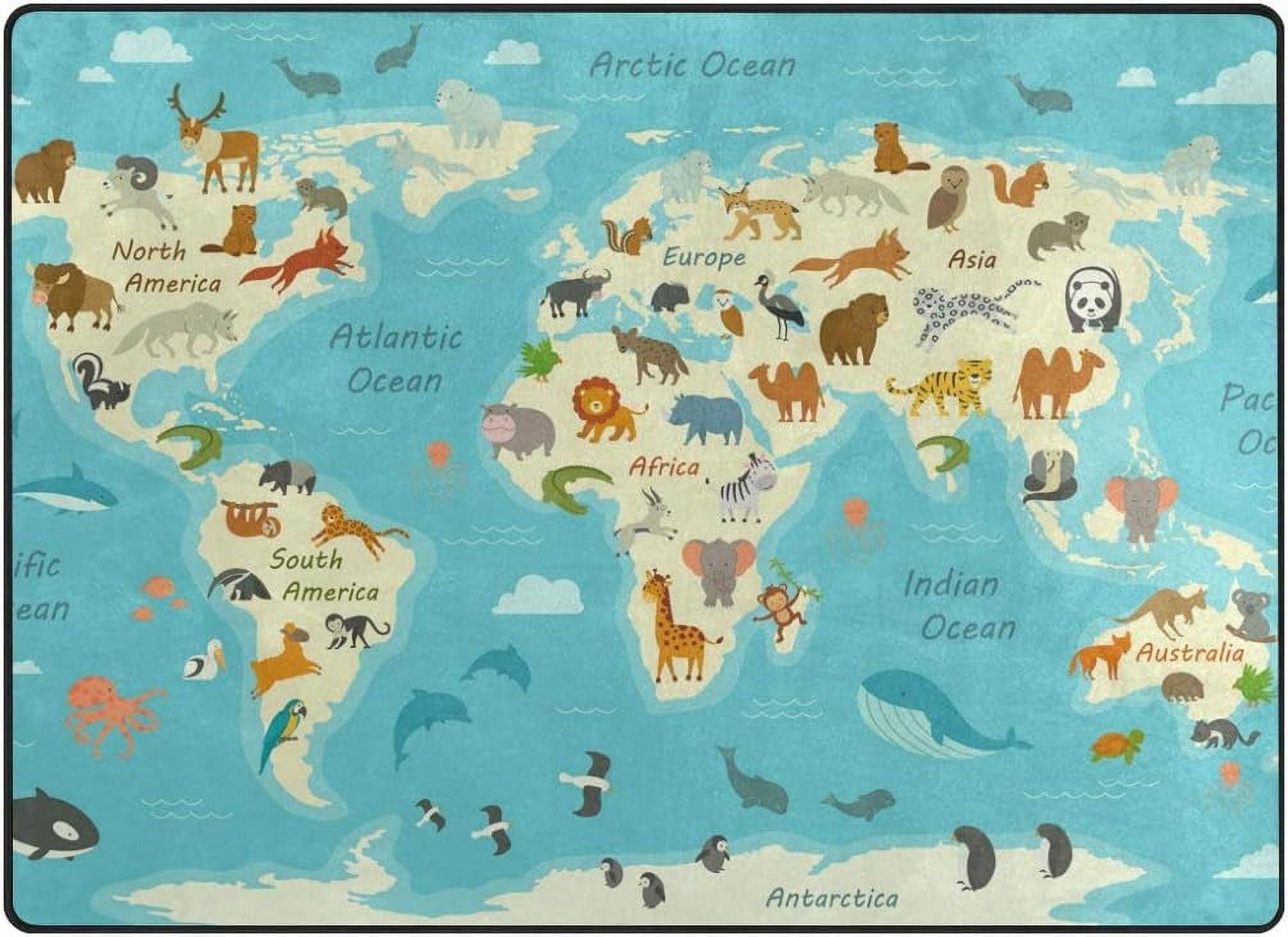 SKYSONIC Area Rug Pad Animals World Map Nursery Rugs Floor Mat for Kids ...