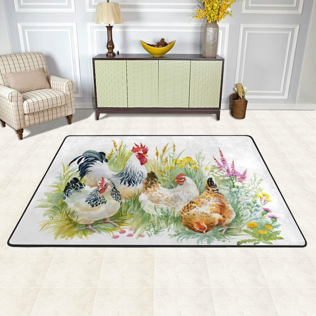 SKYSONIC Area Rug Pad Chicken and Rooster in The Grass Nursery Rugs ...