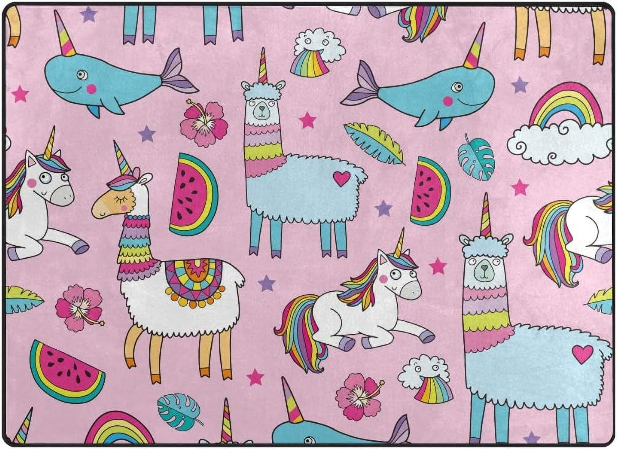 SKYSONIC Area Rug Pad Cute Unicorn Llamas On Pink Nursery Rugs Floor ...