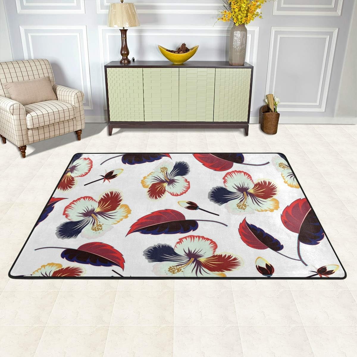 SKYSONIC Area Rug Pad Elegant Stylized Hibiscus Flowers Nursery Rugs ...