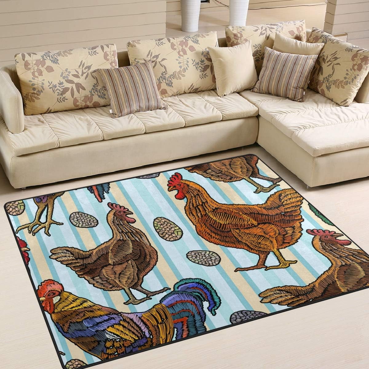 SKYSONIC Area Rug Pad Embroidery Chicken and Rooster Nursery Rugs Floor ...
