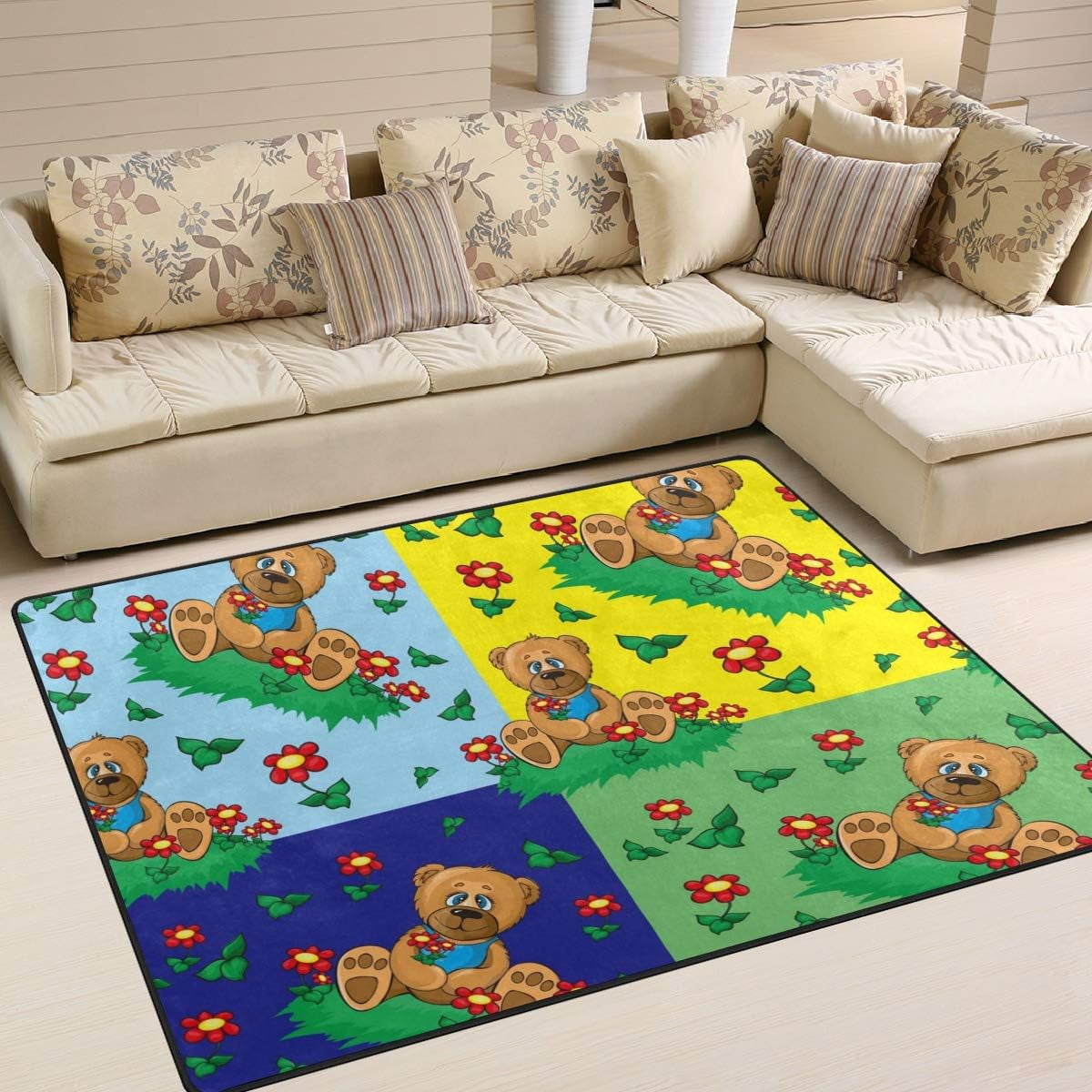 SKYSONIC Area Rug Pad Pattern with Teddy Bear and Flowers Nursery Rugs ...