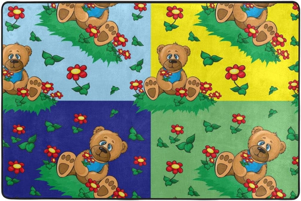 SKYSONIC Area Rug Pad Pattern with Teddy Bear and Flowers Nursery Rugs ...