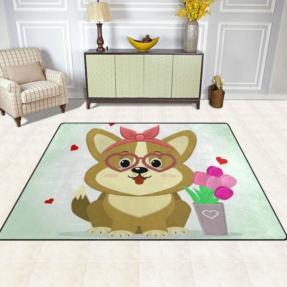 SKYSONIC Area Rug Pad Puppy Corgi with Pink Tulips Nursery Rugs Floor ...