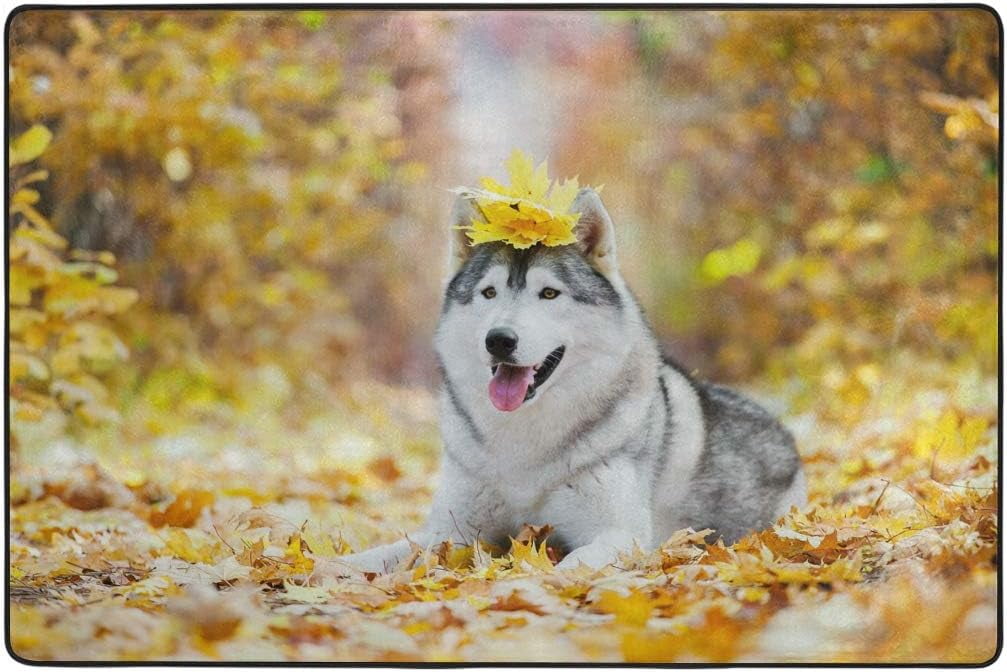 SKYSONIC Area Rug Pad Siberian Husky Lying The Yellow Leaves Nursery ...