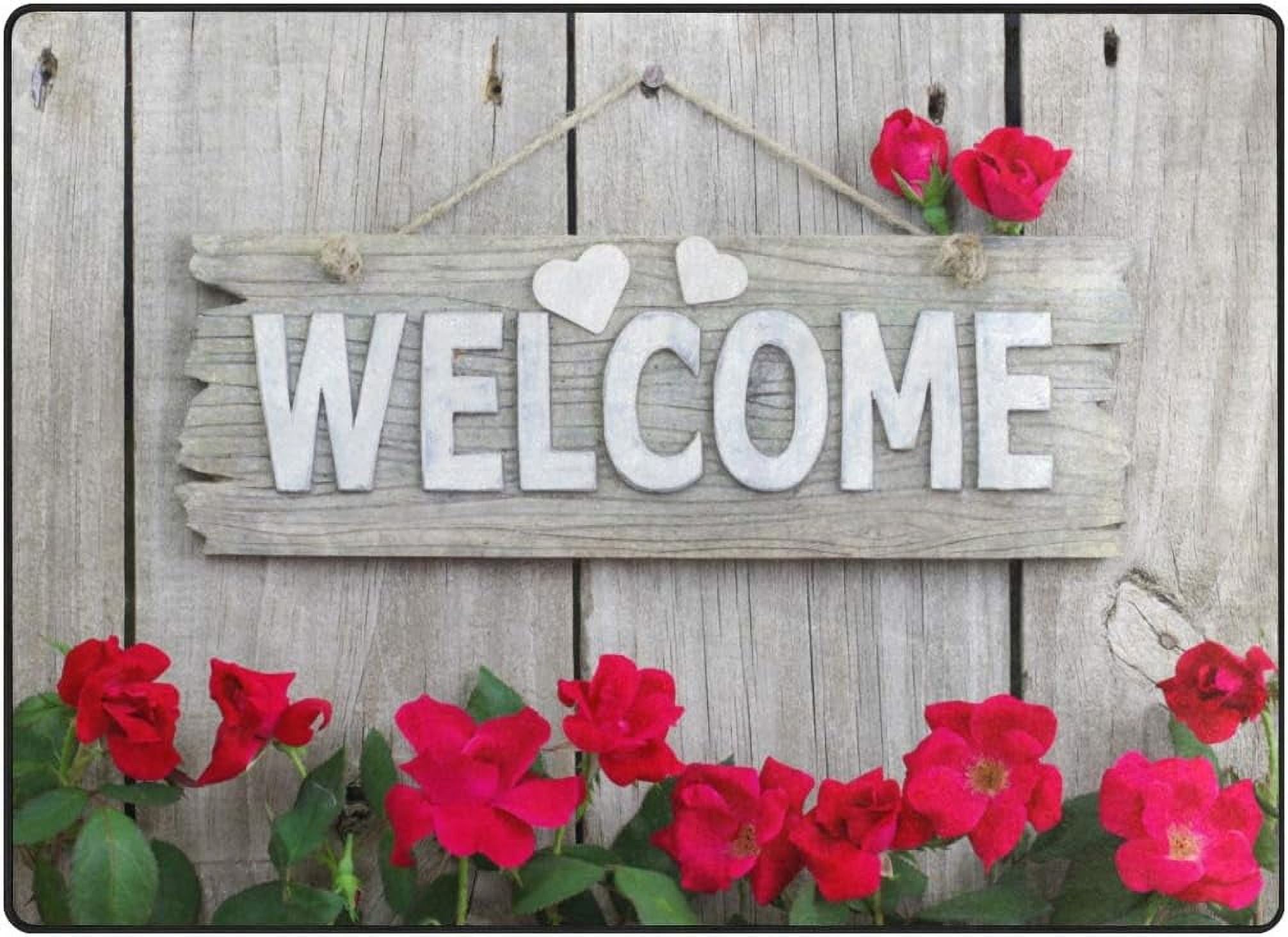 SKYSONIC Area Rug Pad Welcome Sign with Flowers Nursery Rugs Floor Mat ...