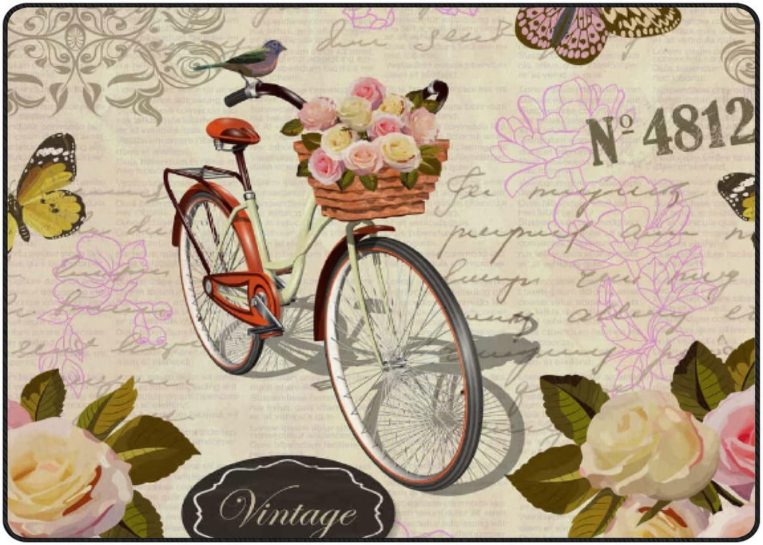 SKYSONIC Area Rug Vintage Roses Butterfly and Bicycle Nursery Rug Floor ...
