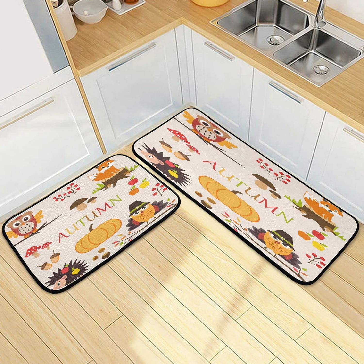SKYSONIC Autumn Animals Kitchen Rugs Set of 2, Owl Fox Turkey Floor ...