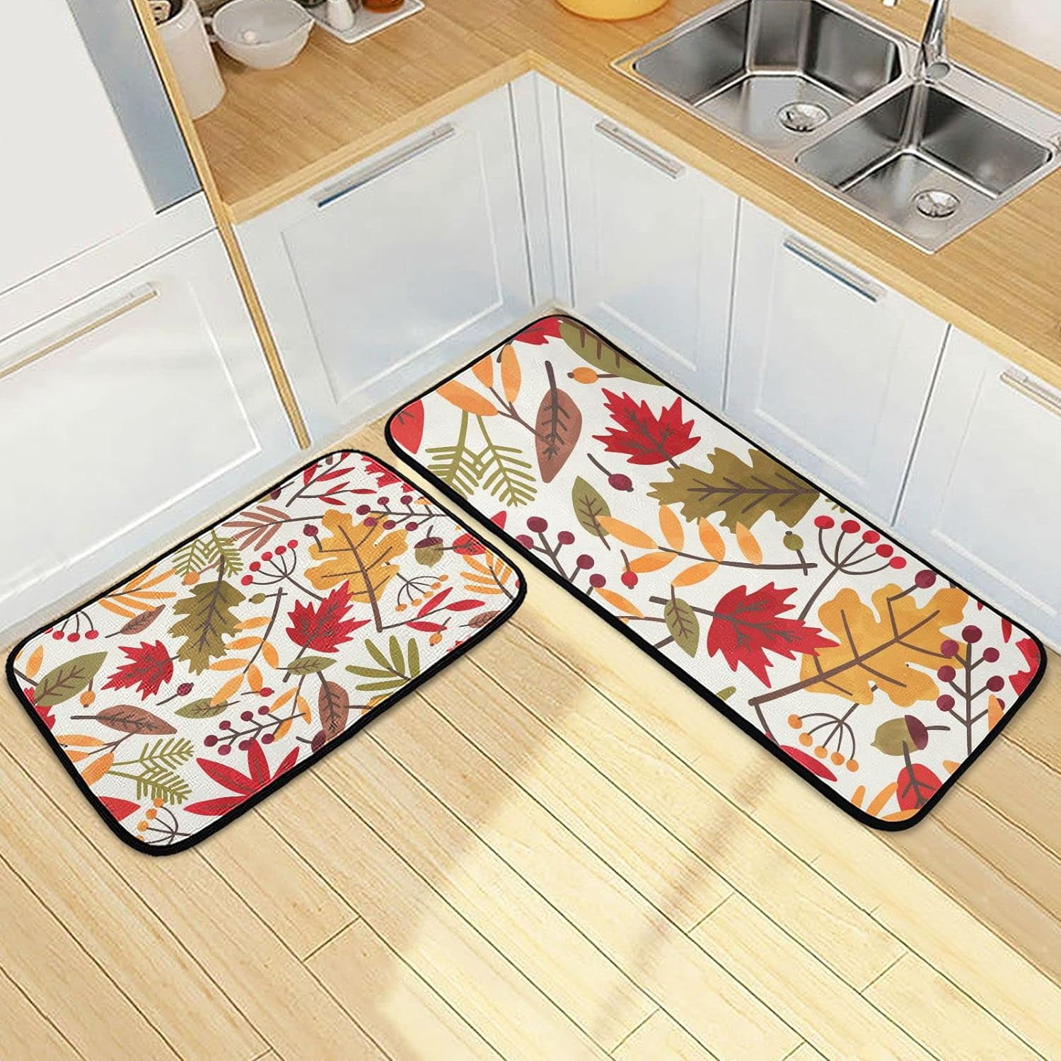 SKYSONIC Autumn Berries Kitchen Rugs Set of 2, Maple Leaves Floor ...