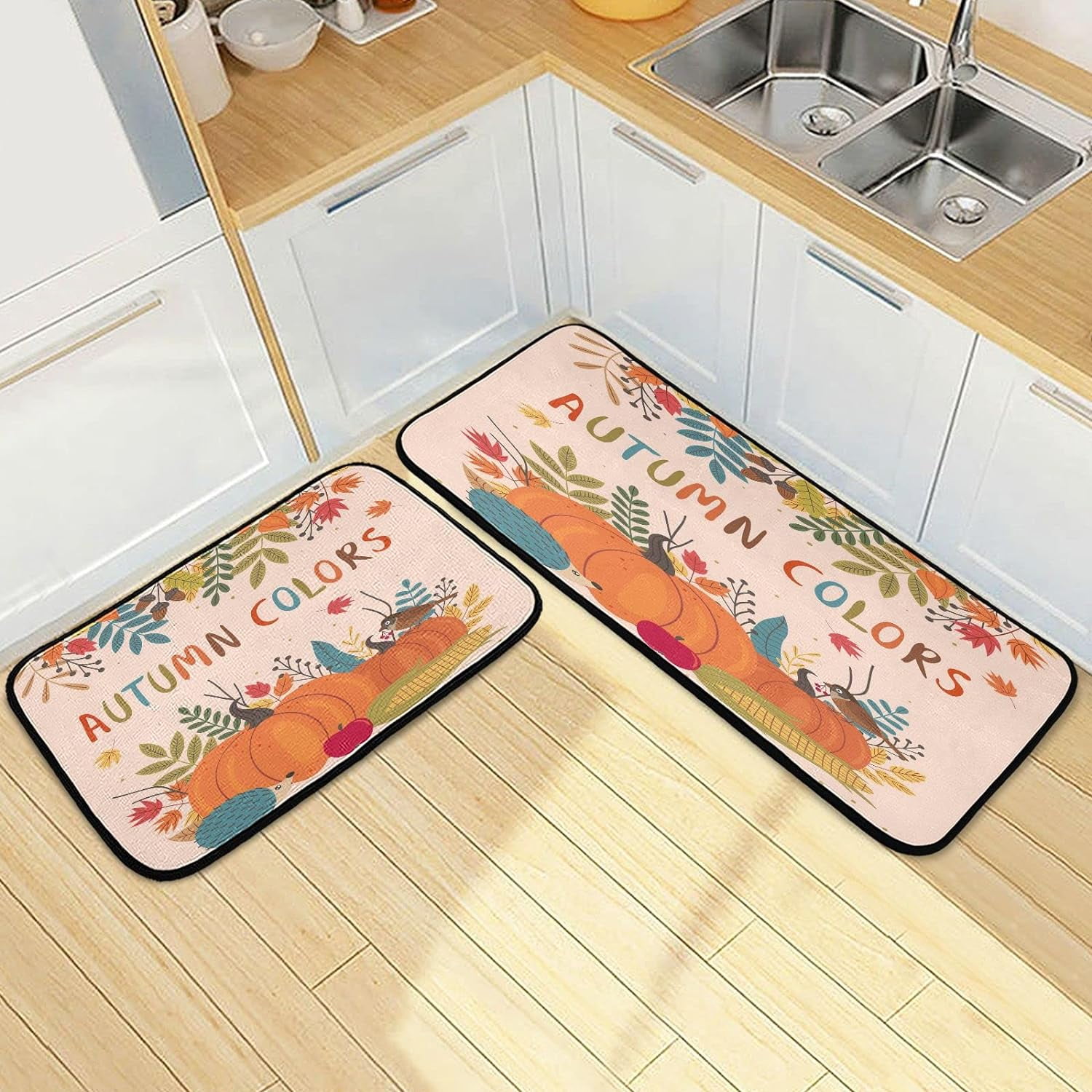 SKYSONIC Autumn Colorful Elements Kitchen Rugs Set of 2, Fall Harvest ...