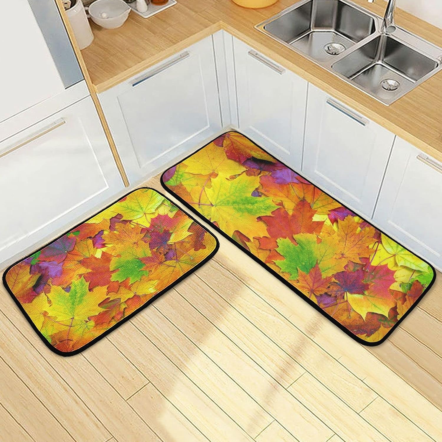 SKYSONIC Autumn Colorful Leaves Kitchen Rugs Set of 2, Falling Leaf ...