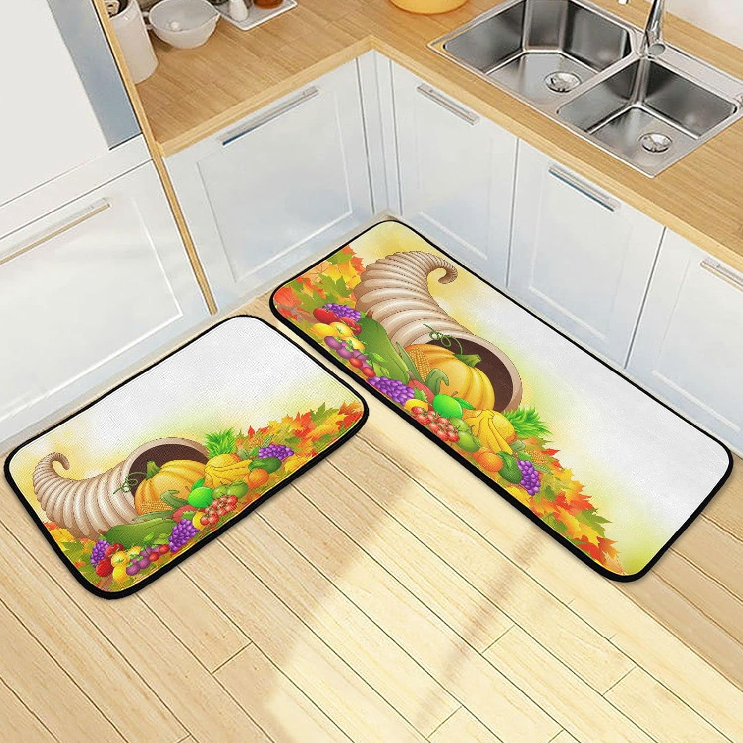 SKYSONIC Autumn Cornucopia Horn Kitchen Rugs Set of 2, Fruits Leaves ...