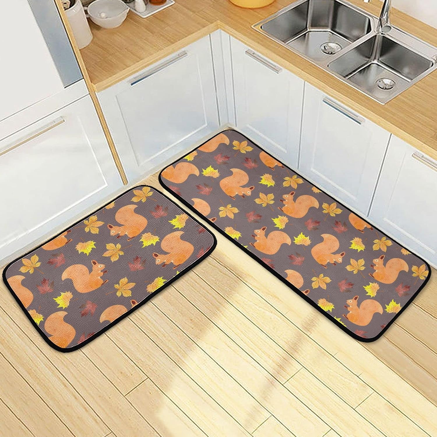 SKYSONIC Autumn Cute Squirrel Kitchen Rugs Set of 2, Maple Leaf Fall ...