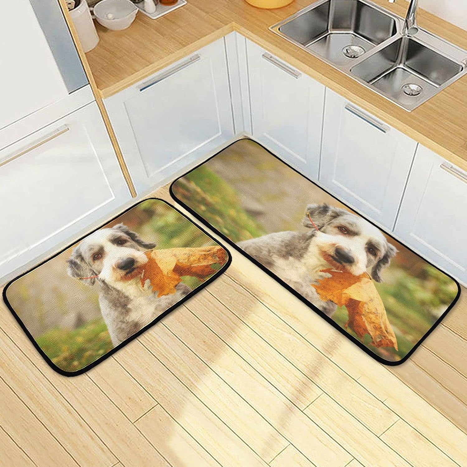 SKYSONIC Autumn Dog Cute Kitchen Rugs Set of 2, Rustic Maple Leaf Floor ...