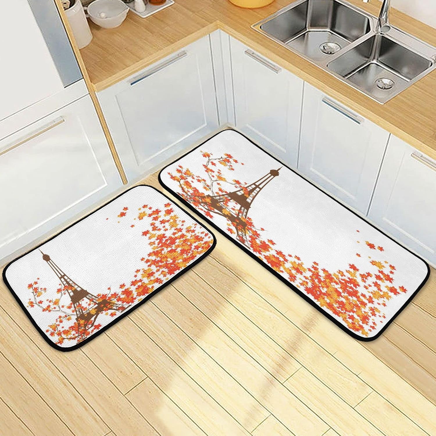 SKYSONIC Autumn Eiffel Tower Kitchen Rugs Set of 2, Red Maple Leafs ...