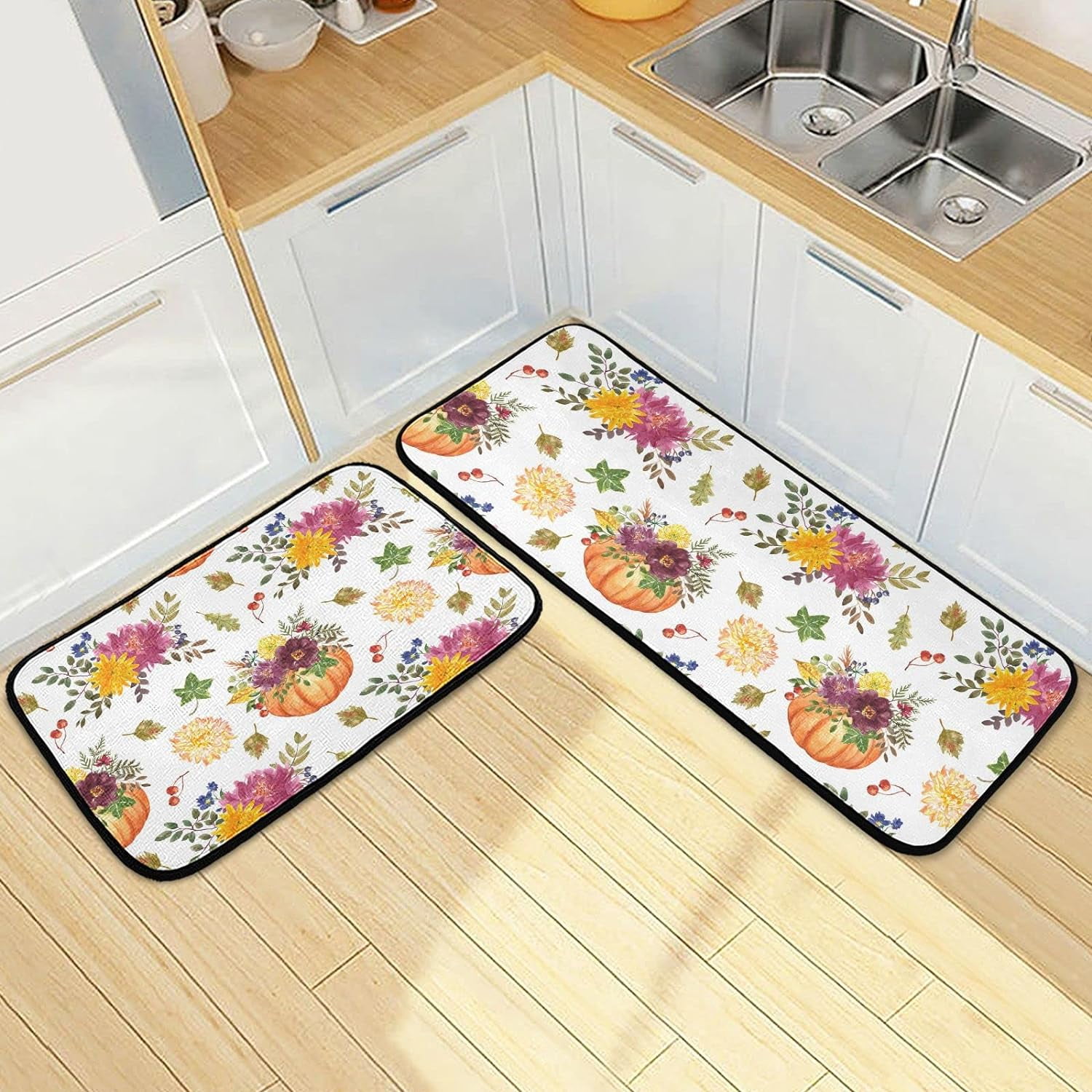 SKYSONIC Autumn Floral Pumpkin Kitchen Rugs Set of 2, Maple Leaves Floor Runner Area Rug ...