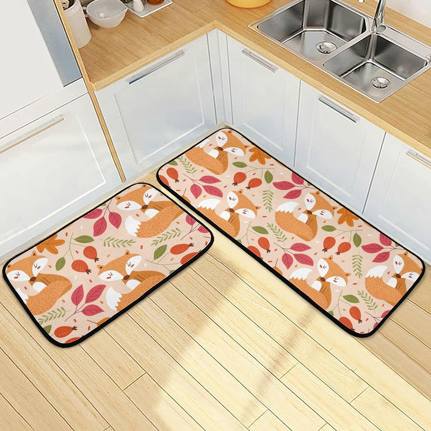 SKYSONIC Autumn Forest Kitchen Rugs Set of 2, Fox Leaves Floor Runner ...