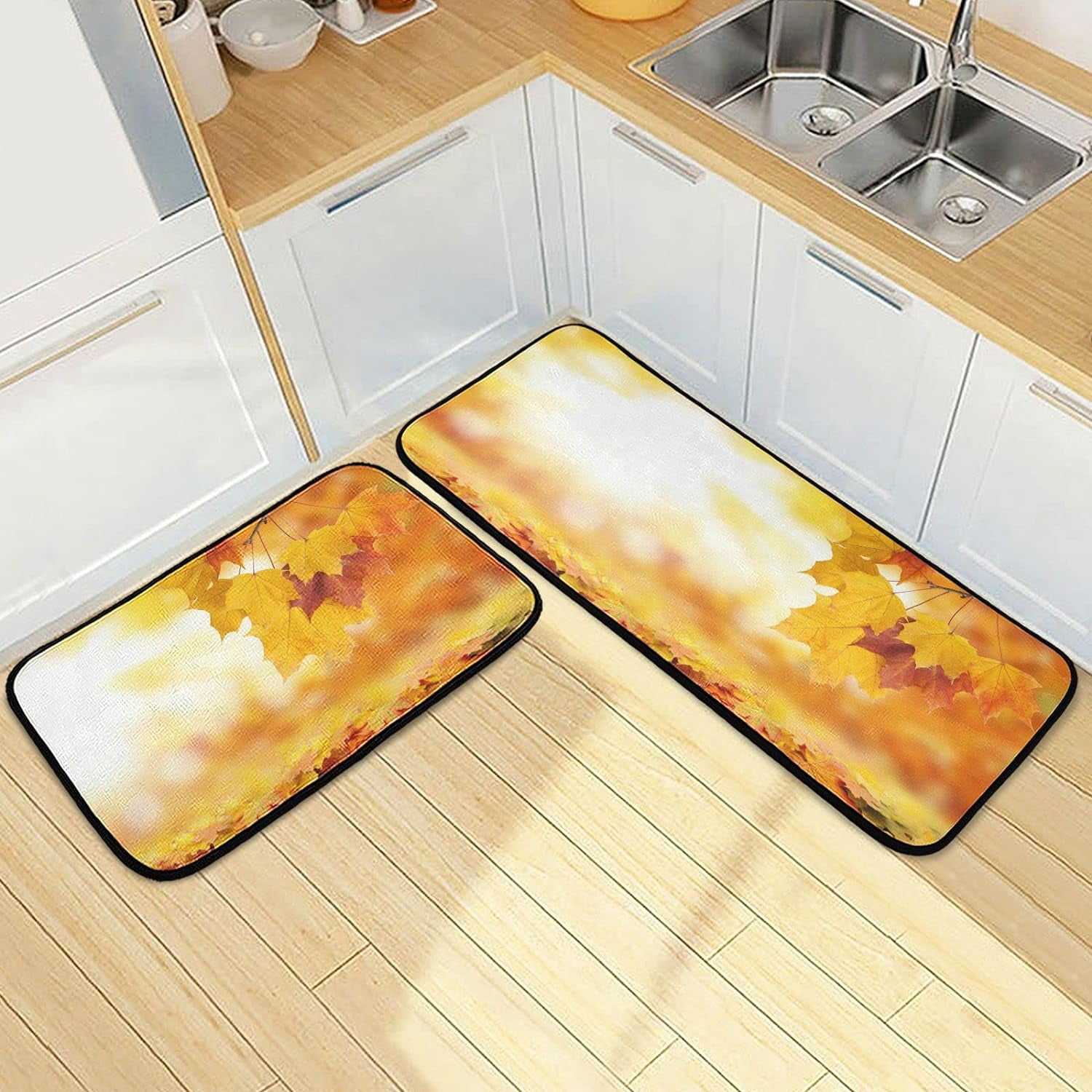 SKYSONIC Autumn Forest Leaves Kitchen Rugs Set of 2, Maple Leaf Floor ...